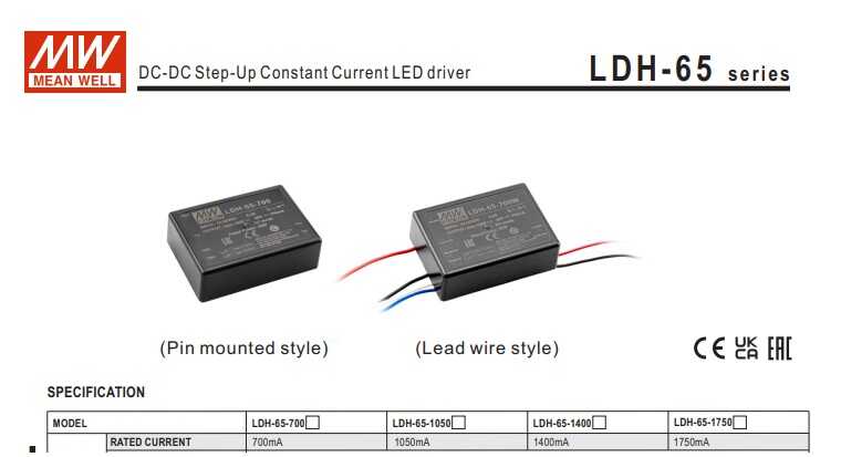 LDH-65-1750 Meanwell 9.5~32Vdc>12.5~37Vdc 1750mA step-up DC DC, Sabit akım, Led Driver Meanwell